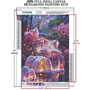 1tonine DIY Diamond Painting Kits for Adults - Flower Pink House Dream Scenery (Canvas) Full Round Drill Diamond Art Kits for Beginnners - Valentines Day Gifts Wall Room Decor (12x16inch/30×40cm)