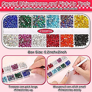 Rhinestones Adhesive Glue for Fabric, 2100Pcs 12 Color Craft Rhinestones Flatback with B7000 Glue Adhesive, Glass Gemstones with Tweezers for Craft, Jewelry, Makeup, Cloth Shoes and Nail Art