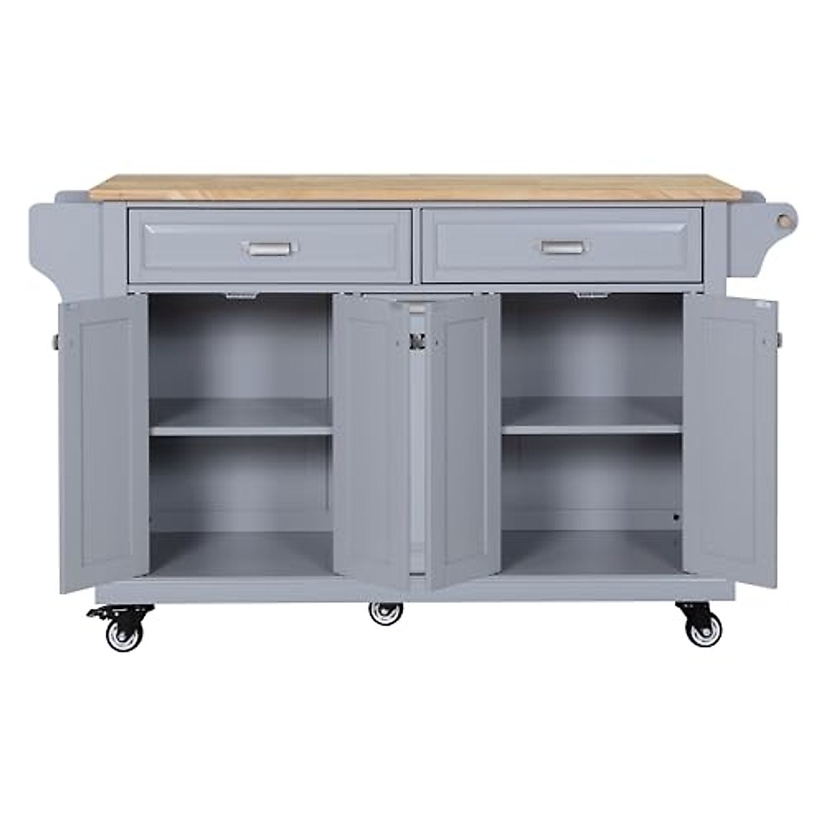 Cambridge Rolling Kitchen Island on Wheels Utility Cart with Spice and Towel Racks and Rubber Wood Countertop, Storage Drawers, Door Cabinets, Gray