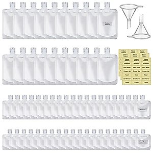 UHAPEER 60 PCS Refillable Empty Squeeze Pouches, Portable Travel Fluid Bags with Funnel and Label, 30ml/50ml/100ml Makeup Packaging Bags, Clear Leakproof Travel Container for Toiletries Lotion Shampoo