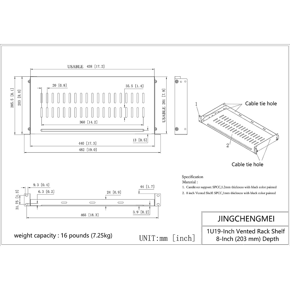JINGCHENGMEI 1U Disassembled Vented Rack Shelf Universal Rack Tray No Lip for 19 Inches Network Cabinet or Server Rack (8 Inches Deep)