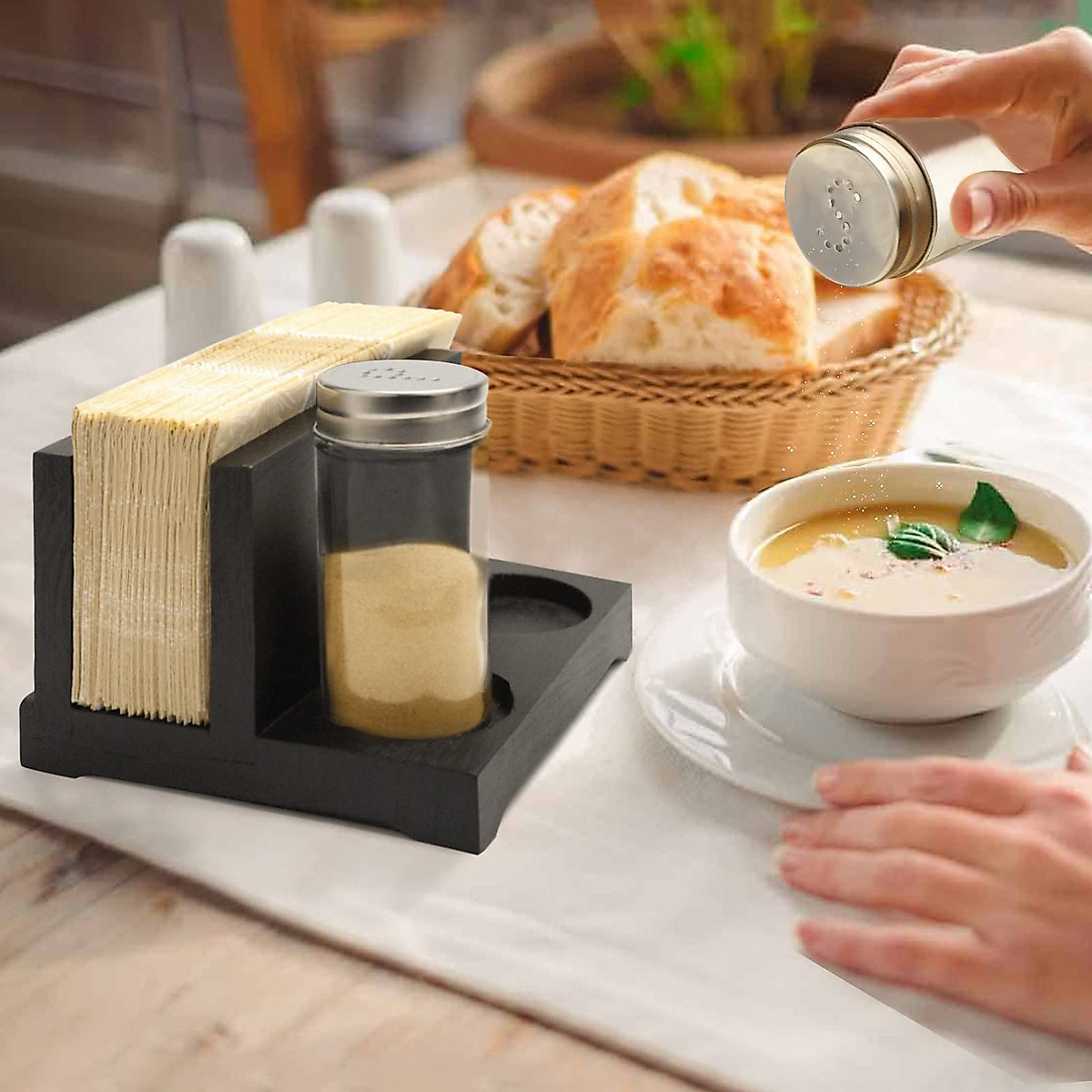 AKKO Rustic Napkin Holder with Salt and Pepper Shakers, Wooden Napkin Holder for Table with 2 Spice Bottles, Perfect for Dining Table, Kitchen, Restaurant