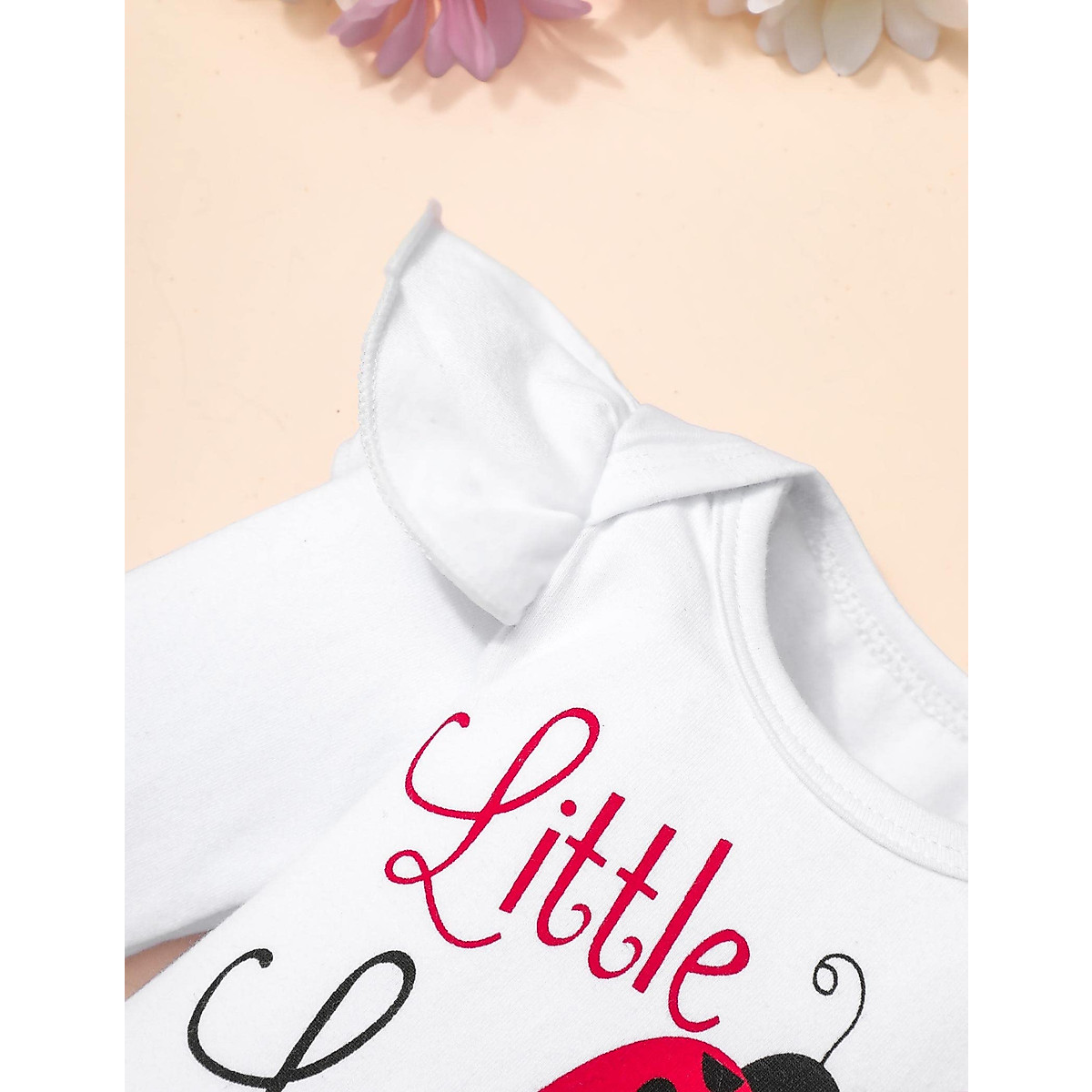 TyeSmo Baby Girl Clothes 3-6 Months Ladybug Printed White Ruffle Long-sleeve Top + Pants + Headband + Hat 3-6 Month Girl Clothes