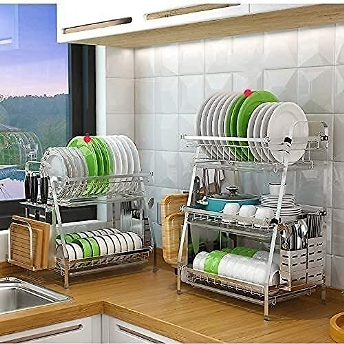 Plate Rack Dish Drainer Rack Kitchen Supplies Storage Draining with Chopsticks/Knives/Cutting Board Holder Drainboard Pan Plate Holder (Color : Silver, Size : 3-Tier)