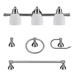Globe Electric 51229 Jayden 5-Piece All-in-One Bathroom Set, Satin Nickel, 3-Light Vanity Light with White Opal Glass Shades, Towel Bar, Toilet Paper Holder, Towel Ring, Robe Hook