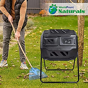WorldFront Naturals Durable Compost Tumbler Outdoor with Metal Stand - 160L Capacity Composting Bin for Efficient Organic Waste Management - Dual Chamber Composter Design
