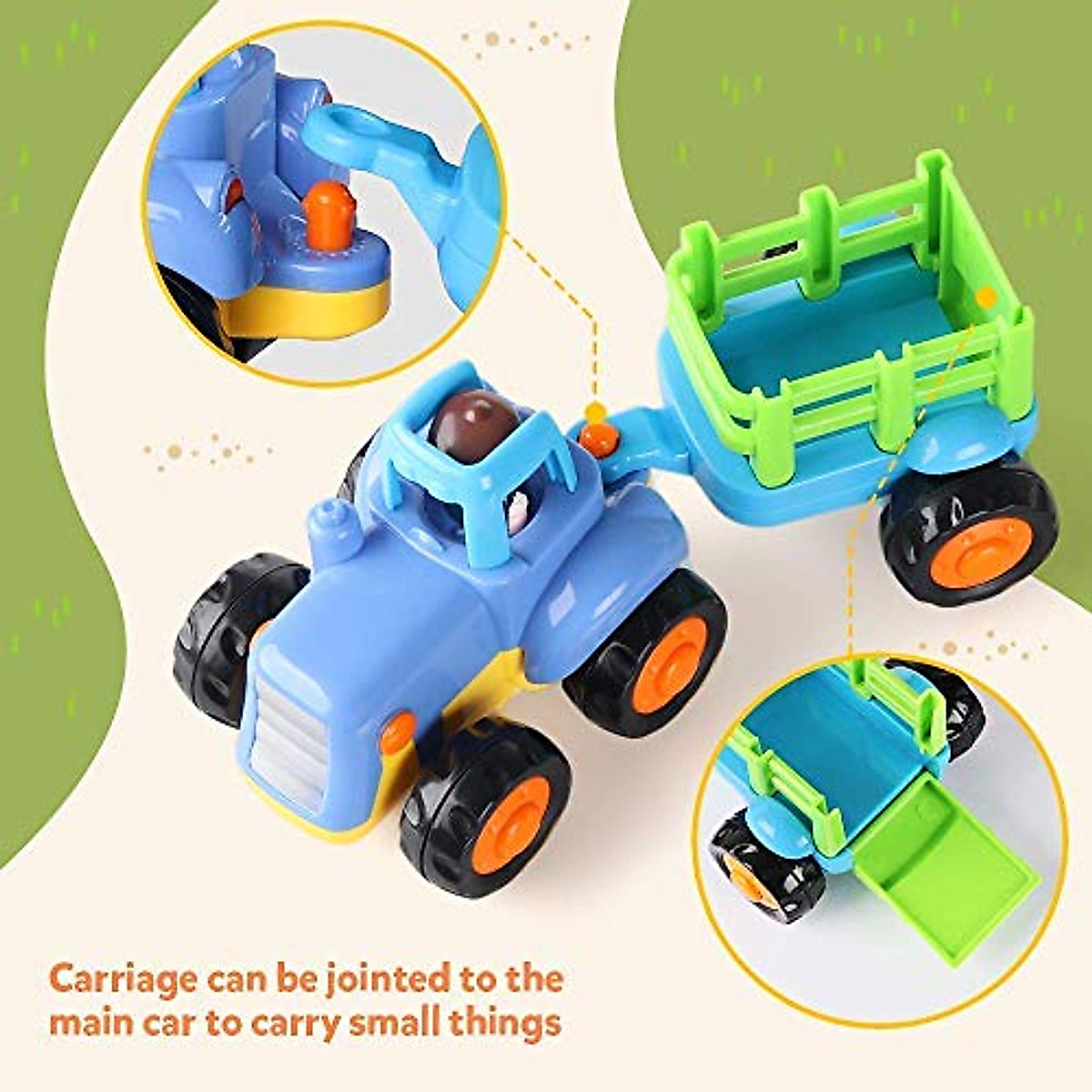 Coogam 4 Pack Friction Powered Cars Construction Vehicles Toy Set Cartoon Push and Go Car Tractor, Bulldozer, Cement Mixer Truck, Dumper for Year Old Boy Girl Kid Gift