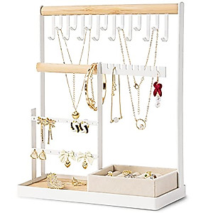 Jewelry Organizer Stand with Velvet Ring Holder, 4 Tier Jewelry Holder Organizer with 15 Hooks Necklace Organizer and Watch Bracket Holder, Jewelry Stand with 16 Holes for Earring Holder, White