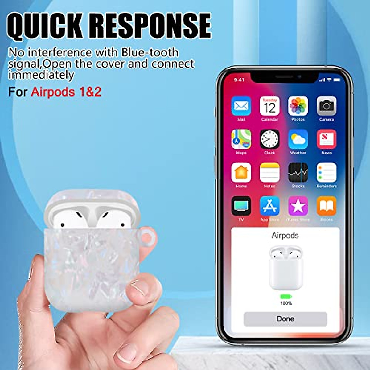 Glitter Shell Design Case for AirPods 1/2 with Pearl Wrist Chain Keychain,Colorful Sparkle Bling Pretty Cute Protective Skin Cover for Airpods 2nd Generation TPU Shock Proof for Women Girls -White
