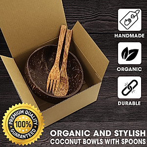 CEREM Coconut Bowl with Wooden Spoon and Fork Handmade Kitchen Utensils for Fruit Salad Dessert Smoothie Breakfast Party Meals Serving Home Decor, Natural 1 Set