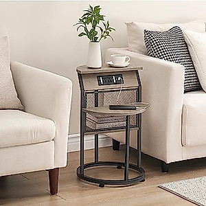 IDEALHOUSE Round End Table with Charging Station, Grey Wood Side Table with USB Ports and Outlets, Sturdy Circle Farmhouse End Table for Living Room, Bedroom and Couch