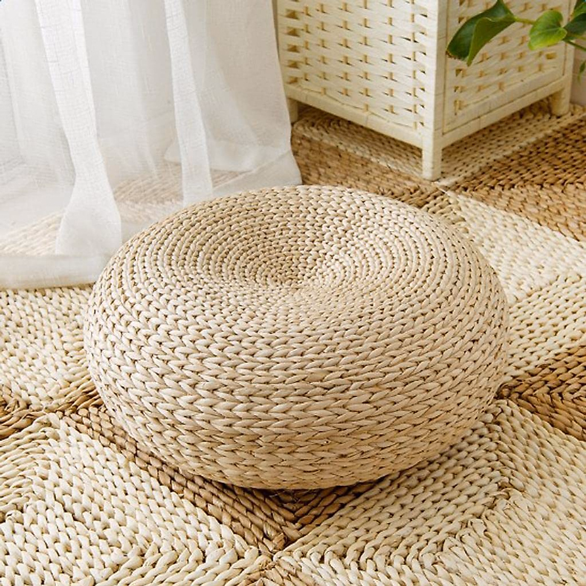 Knitted Straw Flat Seat Cushion, 15.7inch Round Pouf Tatami Cushion Floor