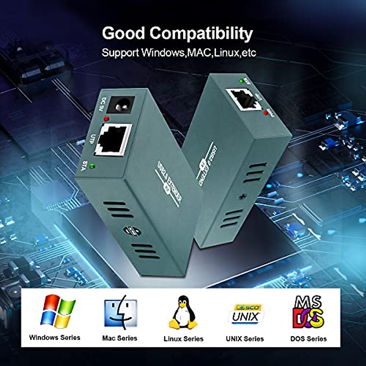 USB Extender Over Ethernet RJ45 LAN Extension, with 4 USB 2.0 Ports, Transmit 50m/165ft Over Ethernet Cat5/5e/6/7, Support Power Over Cable, Play and Plug, No Driver Required