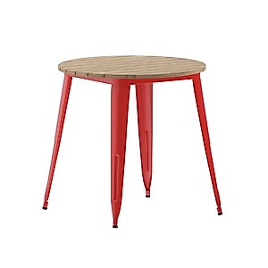 Flash Furniture Declan Commercial Outdoor Dining Table, All Weather Poly Resin Top with Steel Base, 30" Round, Brown/Red