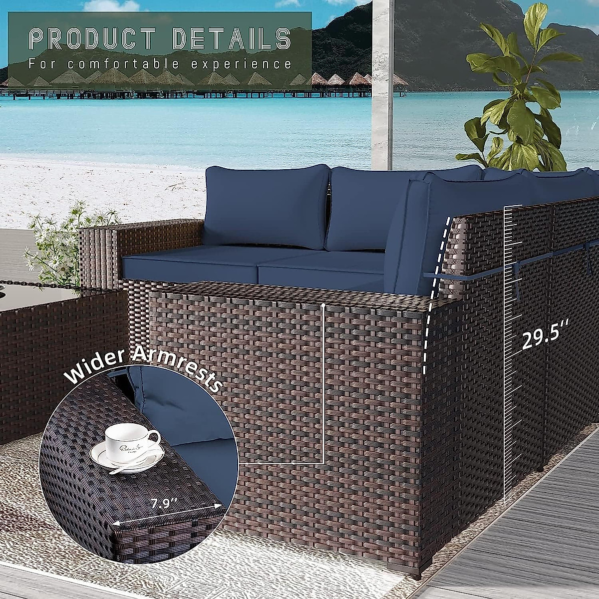 RTDTD Outdoor Patio Furniture Set, 12 Pieces Outdoor Furniture All Weather Patio Sectional Sofa PE Wicker Modular Conversation Sets with Coffee Table,10 Chairs & Seat Clips Dark Blue