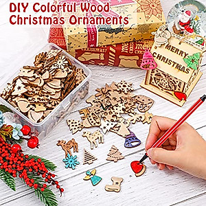 200 Pieces Christmas Unfinished Mini Wooden Ornaments Halloween Thanksgiving DIY Mini Wood Blank Cutouts with Storage Box and Twine for Christmas Tree Hanging Crafts Xmas Decorations