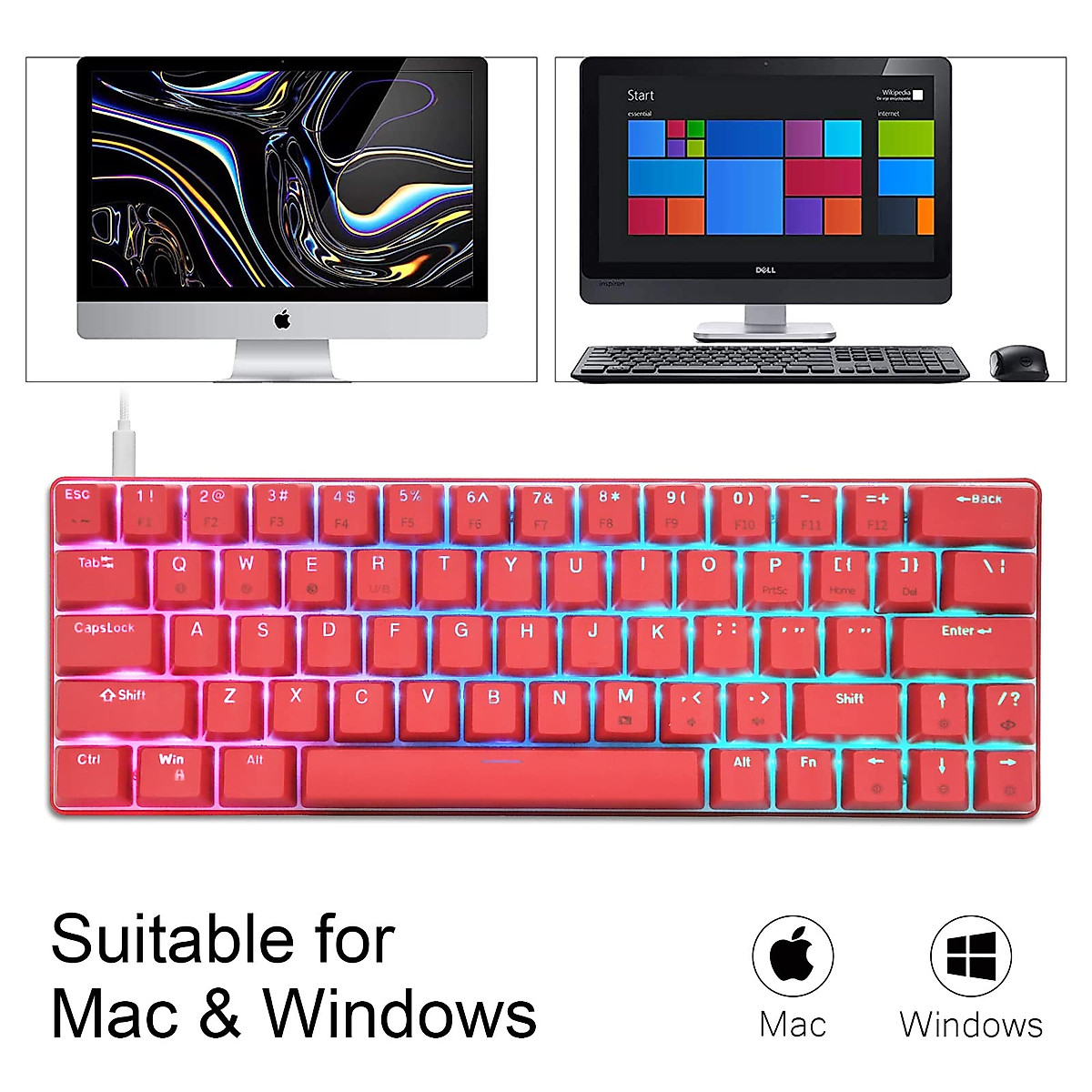 IEMUDJ CQ63 Mechanical Keyboard, Wired Bluetooth Gaming Keyboard, Outem Blue Switch, RGB Backlit, Bluetooth 5.0, Compact 63 Keys, for Desktop, Laptop, Mac, Tablet, Smartphone, Gaming and Office
