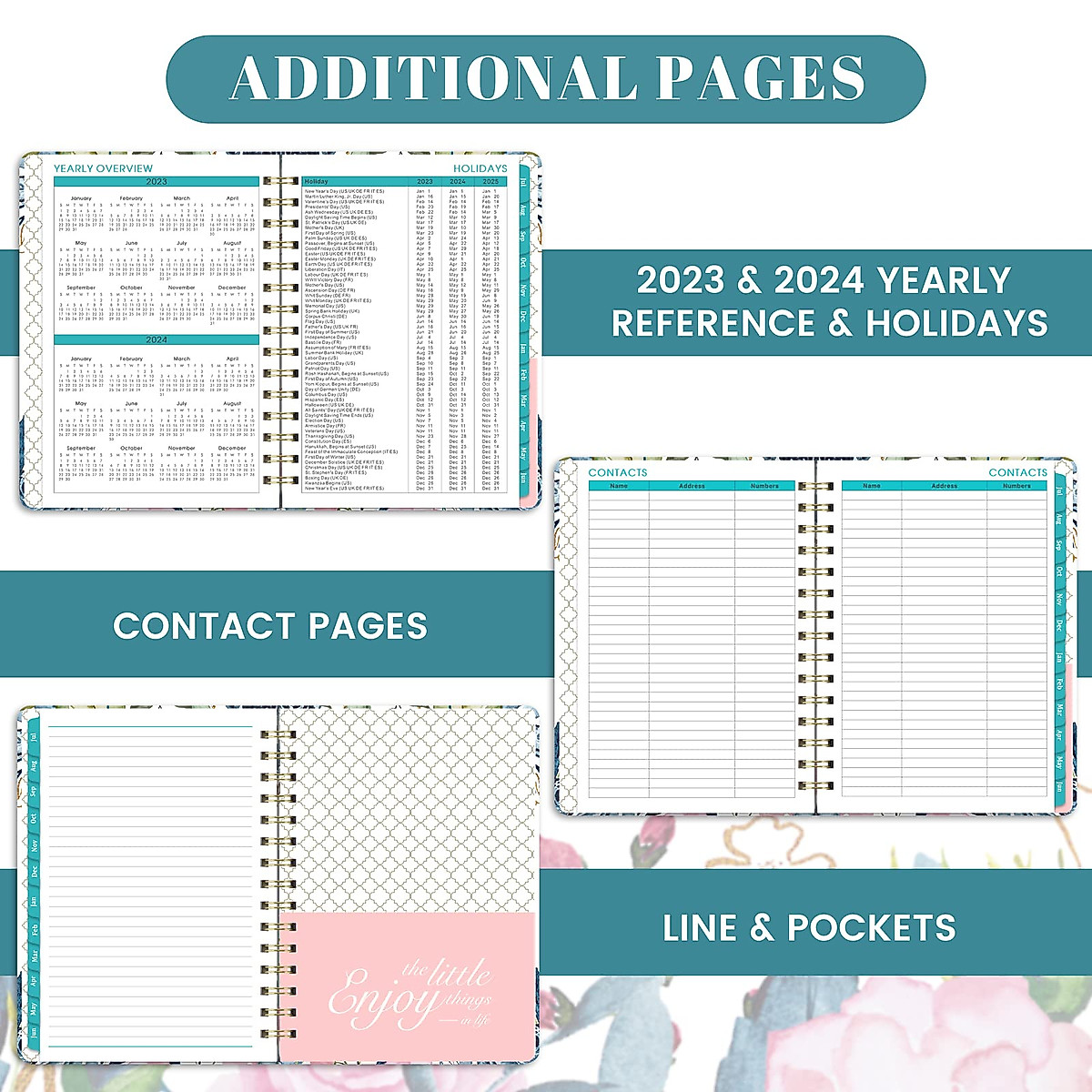 2023 Planner - Planner/Calendar 2023, Jan.2023 - Dec.2023, 2023 Planner Weekly & Monthly with Tabs, 6.4" x 8.5", Hardcover + Back Pocket + Twin-Wire Binding, Daily Organizer - Flower