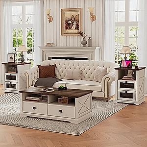 LDTTCUK Nightstand with Charging Station, End Table with 2 Drawers & Open Storage,Sofa Side Table with Mesh Drawers, Farmhouse Design Bedside Table for Living Room, Bedroom, White