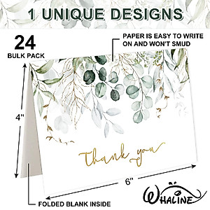 Whaline 24 Pack Greenery Thank You Cards Gold Foil Eucalyptus Leaves Thank You Note Cards with Envelopes Stickers for Spring Wedding Baby Shower