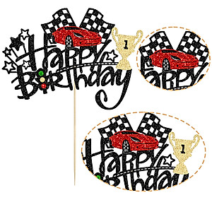 1Pc Race Car Happy Birthday Cake Topper Glitter Traffic Light Trophy Flag Helmet Racing Car Cake Picks for Let's Go Racing Theme Baby Shower Boys Birthday Party Decorations Supplies