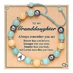 UNGENT THEM Initial Charm Natural Stone Bracelet for Granddaughter Niece, Birthday Valentines' day Christmas Gifts for Girls, Nylon, Cubic Zirconia