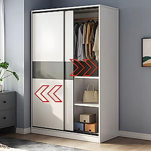 LITFAD Sliding Door Wardrobe Wooden Minimalistic Bedroom Armoires Modern Clothes Cabinet Functional Closet for Clothing with Shelves and Clothing Rods for Bedroom Storage,White-39.5"L x 18"W x 71"H