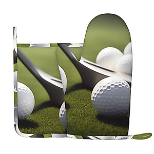 Golf Printed Oven Mitts and Pot Holders Sets Heat Resistant Kitchen Oven Gloves Potholders Set Extra Long Non-Slip Silicone Gloves for Cooking Baking BBQ