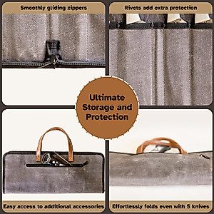 Knife Bag - Durable Waxed Canvas Chef Bag with zipper pocket & 5 slots for knives and kitchen tools, Knife roll for Knives & Kitchen Tools - Knife case for travel