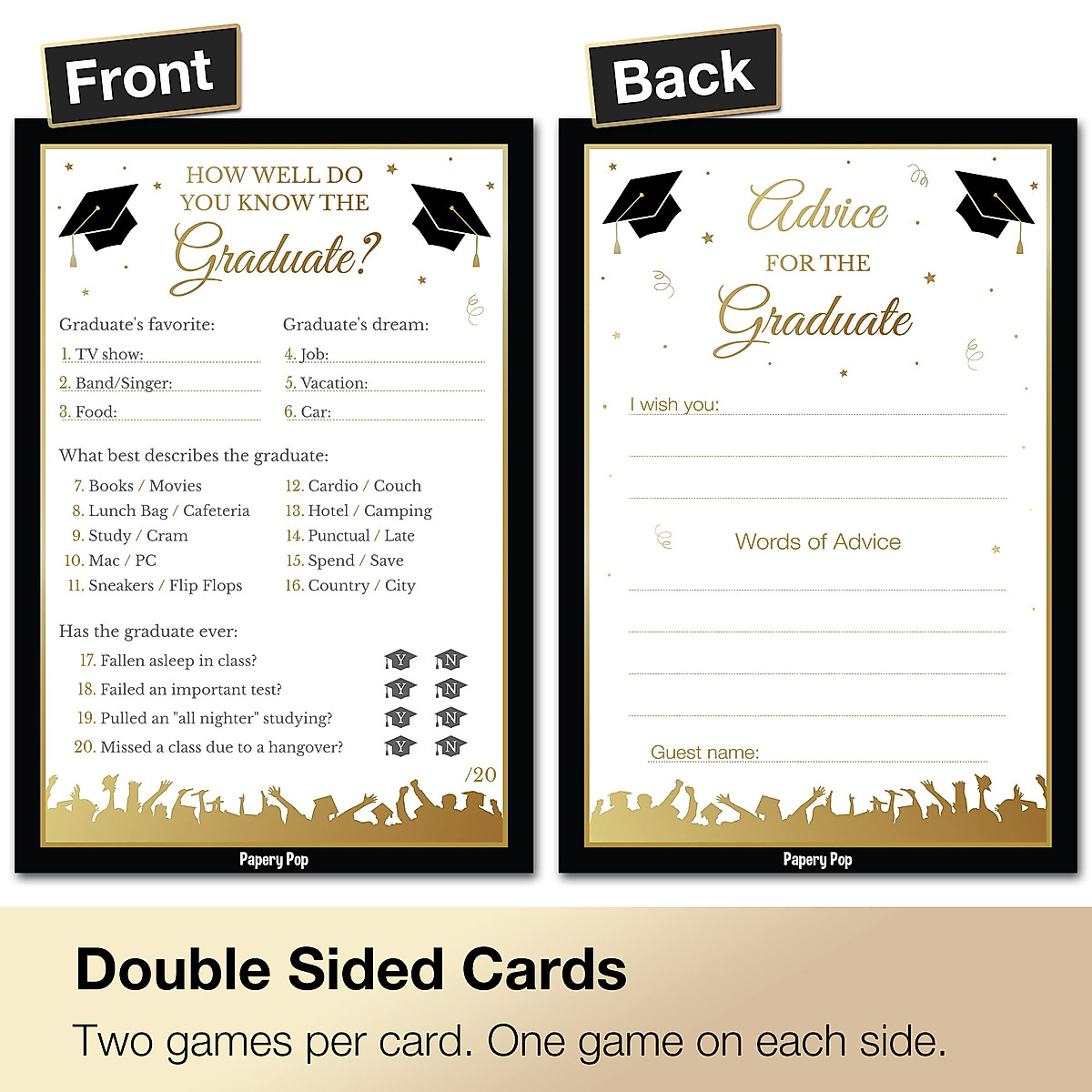 Papery Pop 2024 Graduation Party Games - Set of 4 Games for 30 Guests - Double Sided Cards - Graduation Party Supplies
