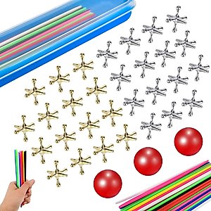 ZeeDix 90 Pcs Pick Up Sticks with 3 Sets Retro Metal Jacks Kit- Include 3 Pcs Red Rubber Balls and 30 Pcs Gold and Silver Metal Jacks, Classic Fun Game Gift of Jacks for Kids Adults Family