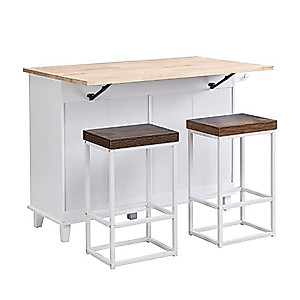 Polibi 3-Piece Kitchen Island Set with Drop Leaf Table and 2 Stools, 5 Drawers, Dining Table Set with Storage Cabinet, Drawers and Towel Rack,White
