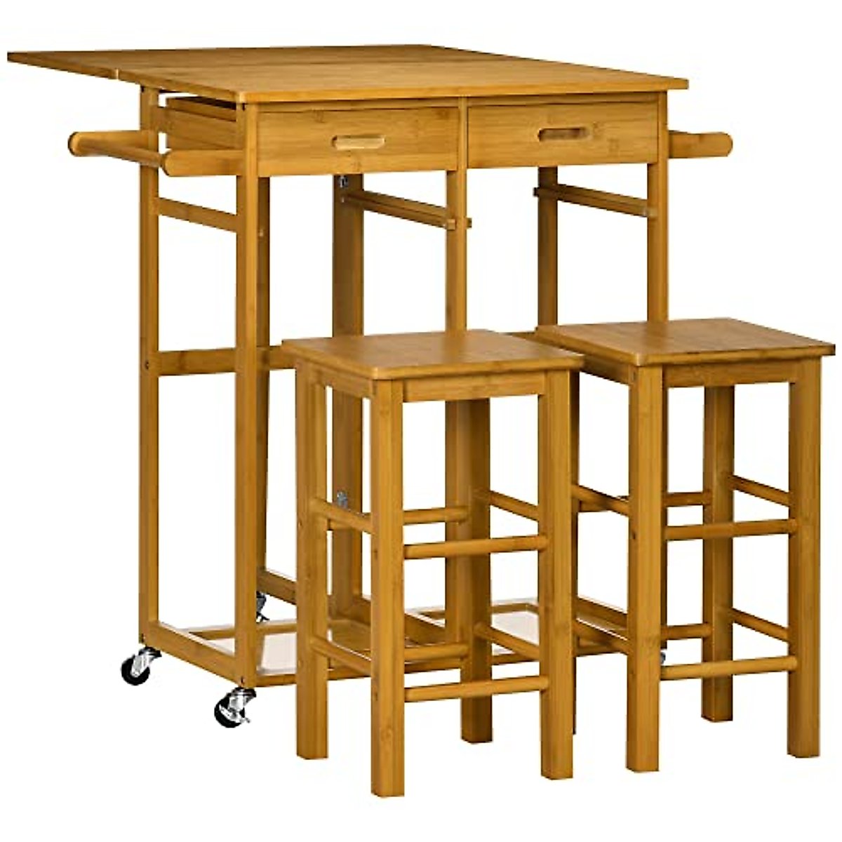 HOMCOM Foldable Dining Table Set with 2 Square Stools and 2 Drawers, Bamboo Drop Leaf Breakfast Cart, Mobile Kitchen Island Trolley Cart on Wheels, Brown
