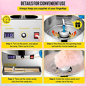 VEVOR Electric Cotton Candy Machine, 19.7-inch Stainless Steel Bowl, 1050W Candy Floss Maker with 338-482℉ Adjustable Temperature, Cover and Sugar Scoop Included, Perfect for Family Party, Silver