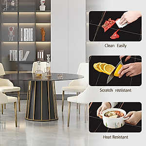 59'' Round Marble Dining Table for 4-6, Black Sintered Stone Circle Kitchen Table Top with Carbon Steel Pedestal, Faux Marble Kitchen Dinner Table for Dining Room/Living Room (Table Only)