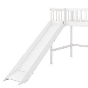 Kids Twin Loft Bed with Slide Rails, Low Beds Frame Wooden for Toddler Boys Girls Junior Slat Support, No Box Spring Needed, White