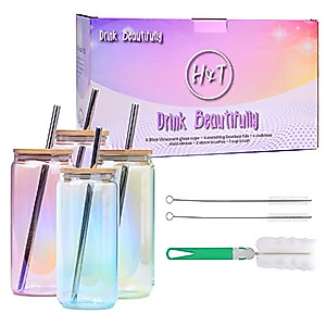 H&T Designs 4 Pack Iridescent Mason Jar Cups Drinking Glasses with Bamboo Lids Stainless Steel Straws