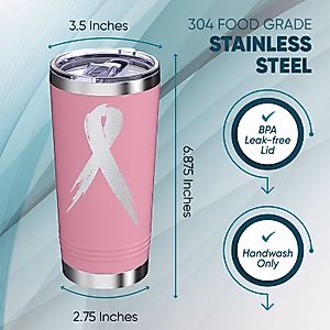 shop4ever Breast Cancer Awareness Pink Ribbon Insulated Tumblers 20 oz. with Lid, Stainless Steel Cups Travel Coffee Mug (Light Pink)