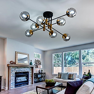 SZXYKEJI 8 Light Glass Globe Ceiling Light Black and Gold Mid Century Flush Mount Sputnik Light Fixture Bubble Chandelier Living Room Farmhouse for Dining Room Kitchen Bedroom.