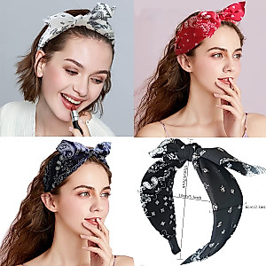 Lvyeer Paisley Print Wide Bow Headbands for Women Bandana Rabbit ear Elastic Hairband Cute Knot Headbands Hair Accessories (Style 1: (Red, white, Navy, black)