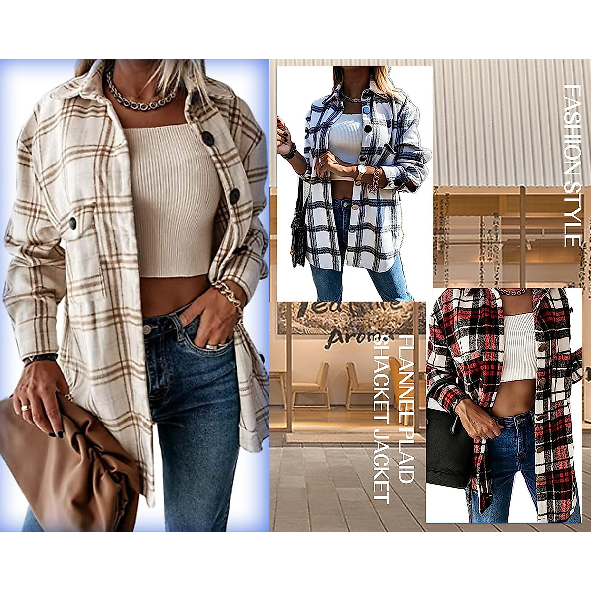 Blansdi Women’s Casual Plaid Flannel Shacket Jacket Oversized Button Down Long Sleeve Fall Shirt Jacket Coat Tops