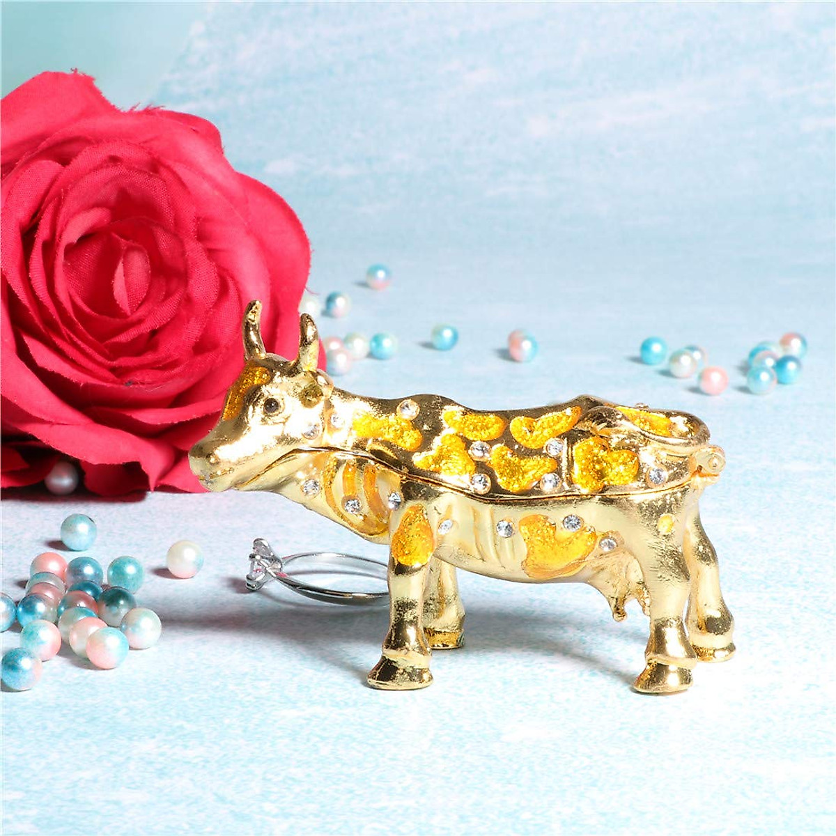 Waltz&F Golden Bull Hinged Trinket Box Bejeweled Hand-Painted Ring Holder Animal Collectible Figurine Decoration