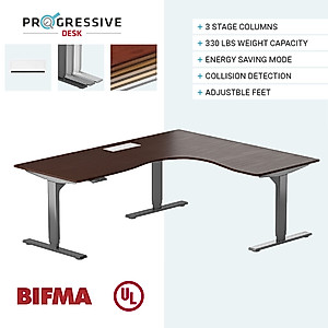 Progressive Desk L Shaped Height Adjustable Standing Desk 59" x 59" - Corner Computer Desk - Electric Stand Up Rising Workstation - Black Frame/Midnight Maple Top