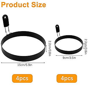 8 Pack Stainless Steel Fried Egg Ring, Pancake Ring Mold Round Egg Cooker Nonstick Griddle Pancake Shapers with Silicone Handle for Breakfast Omelette Sandwich(4 Inch, 6 Inch)