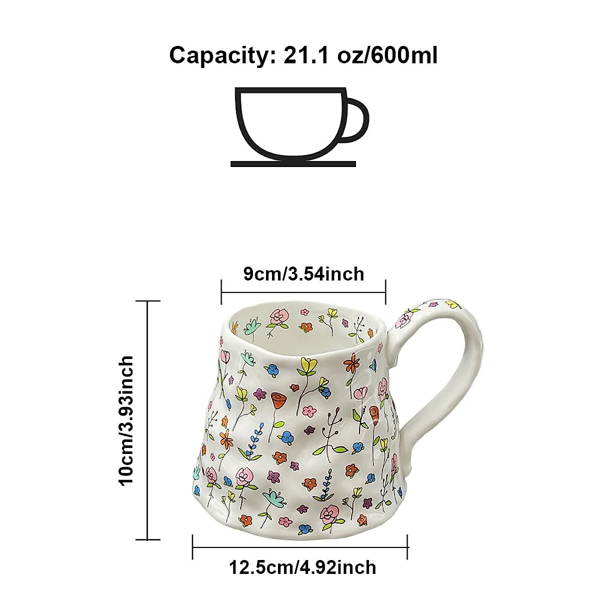 Large Ceramic Coffee Mug Cute Flower with Handmade Big Handle, 21.1oz/600ml Girly Pink Floral Tea Cup for Women Gift, Novelty Irregular Oversized Mugs for Latte Tea Milk Cocoa