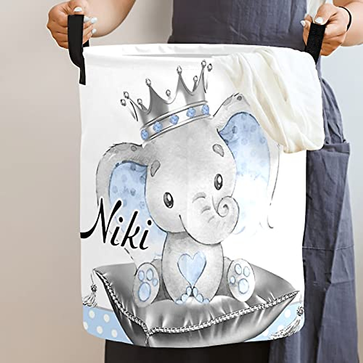 Elephant Laundry Basket Personalized with Name Laundry Hamper with Handle Organizer Storage Bin Bedroom Decor for Boys Girls Adults