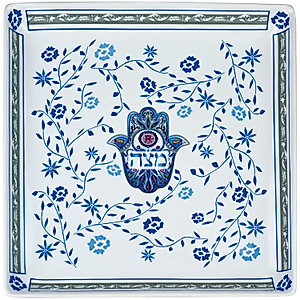 Artistic Passover Seder Dinnerware Set Floral Hamsa Design by Jessica Sporn - Quality Porcelain Round Seder Plate Square Matzah Tray Silk Matzo Cover, Afikoman bag - Pesach Decoration by Aviv Judaica