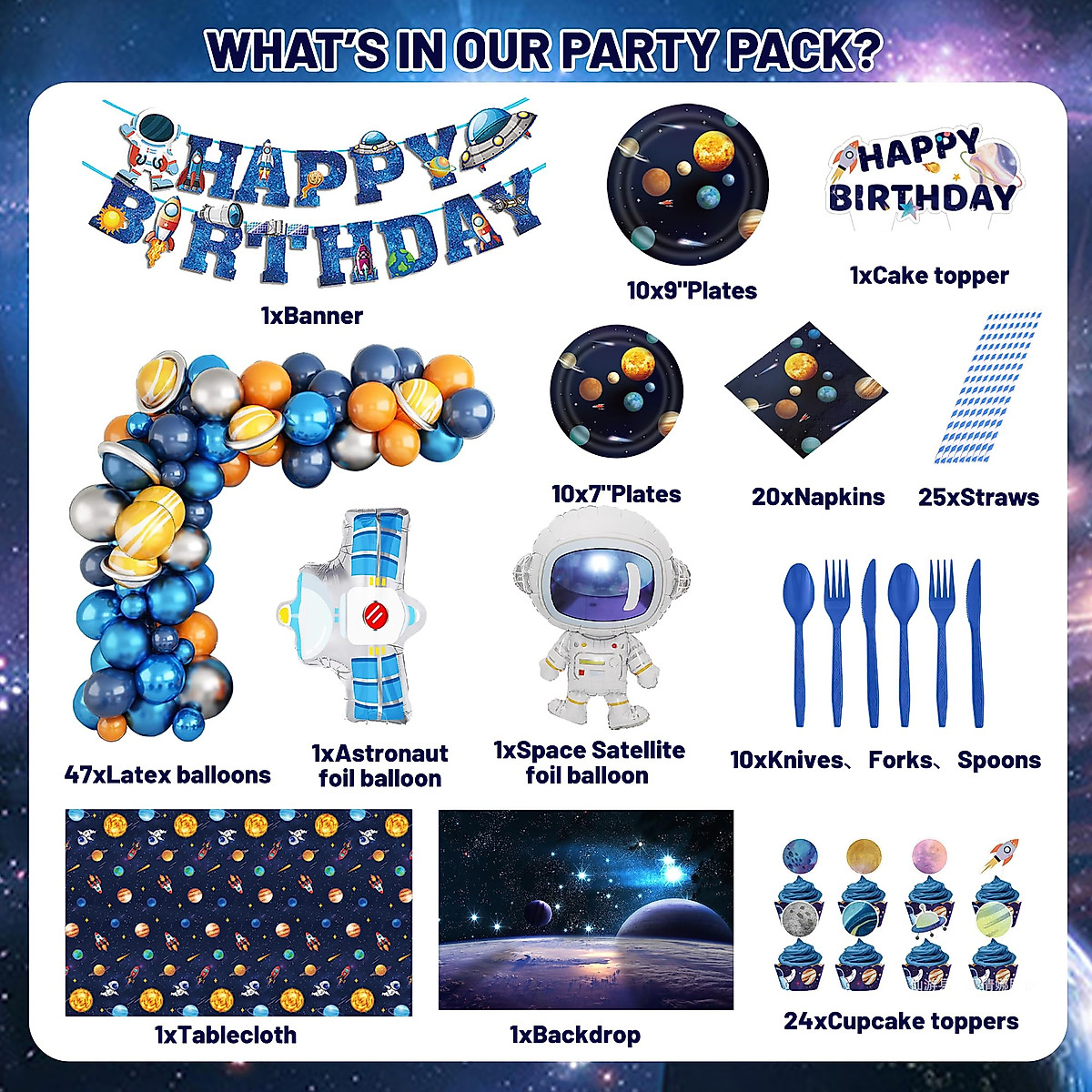 162PCS Outer Space Birthday Party Supplies, Space Themed Party Decorations Include Banner, Balloons, Backdrop, Hanging Swirls, Tablecloth, Plates, Cake Toppers for Kids Birthday Decorations