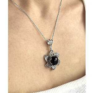 Filigranist 925 Sterling Silver Filigree Art 3D Lotus Flower Women Pendant Necklace with Gemstones (Black Onyx)
