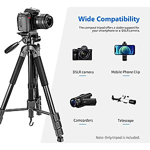 NEEWER Portable Aluminum Alloy Camera 2 in 1 Tripod Monopod Max. 70"/177cm with 3 Way Swivel Pan Head and Carrying Bag for DSLR, DV Video Camcorder (SAB264, Black)